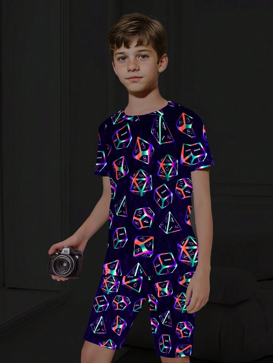 2pcs/Set Tween Boys Black Base Rainbow Dice Print Short Sleeve Tee ...