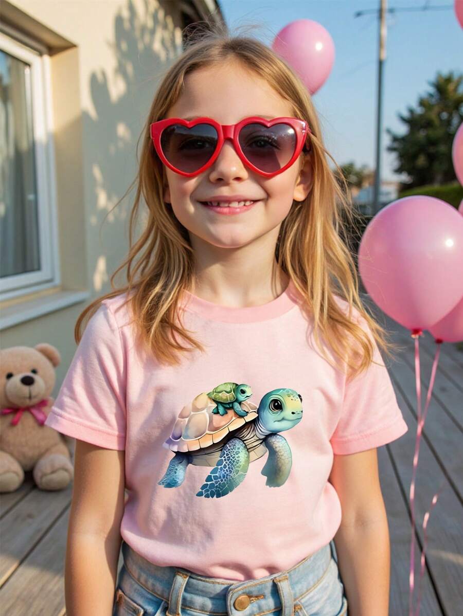 Girls' Cute Mom Sea Turtle Carrying Baby Sea Turtle Print Short Sleeve ...