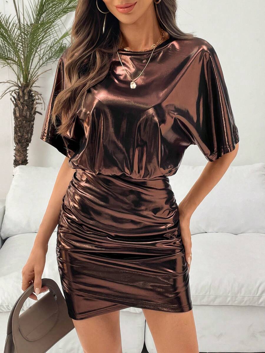 SHEIN LUNE Shiny Sequin Fabric Elegant Party Champagne Short Sleeve ...