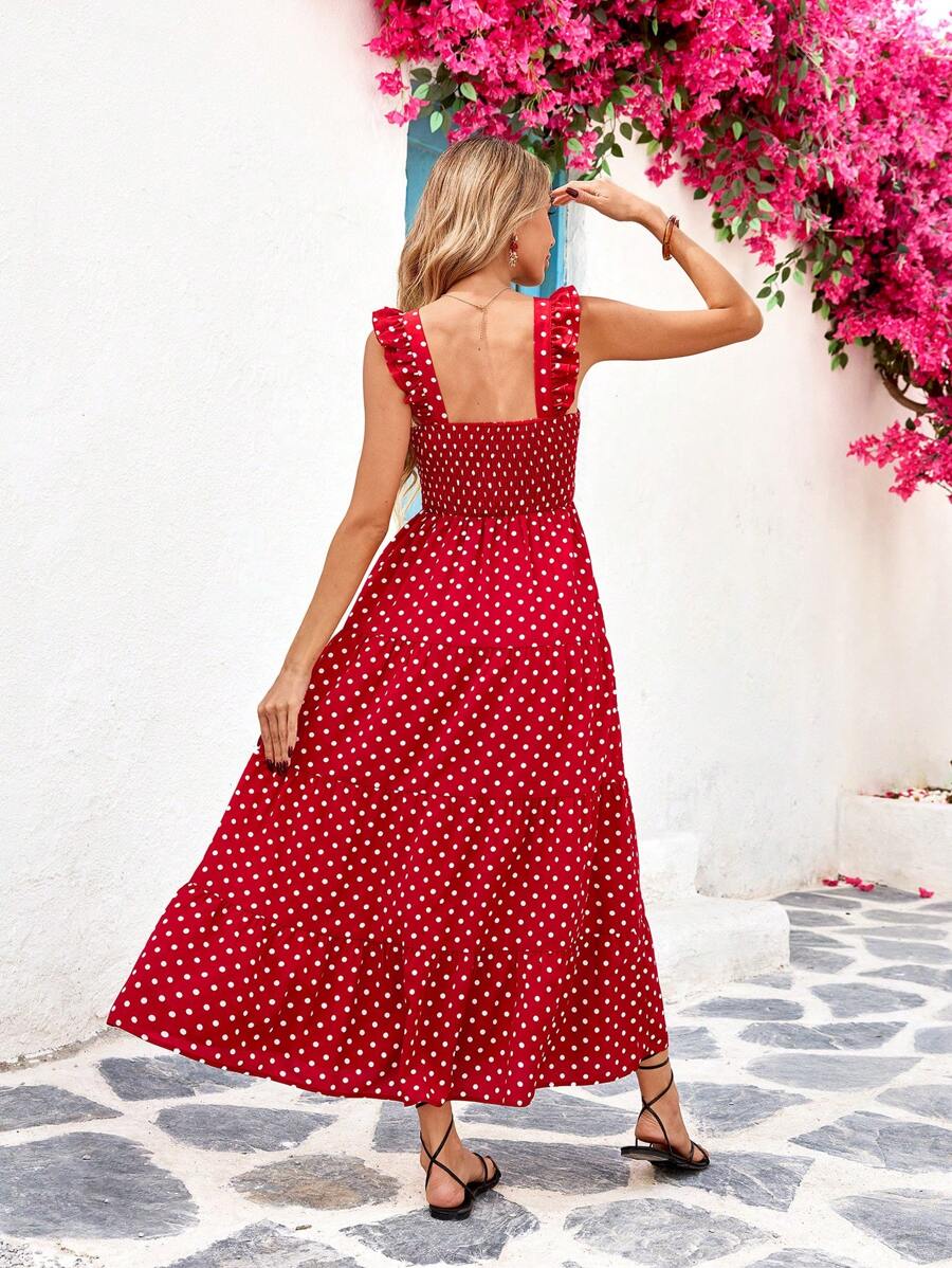 Vivid Eden Woven Classic Polka Dot Square Neck Lantern Sleeve Long ...