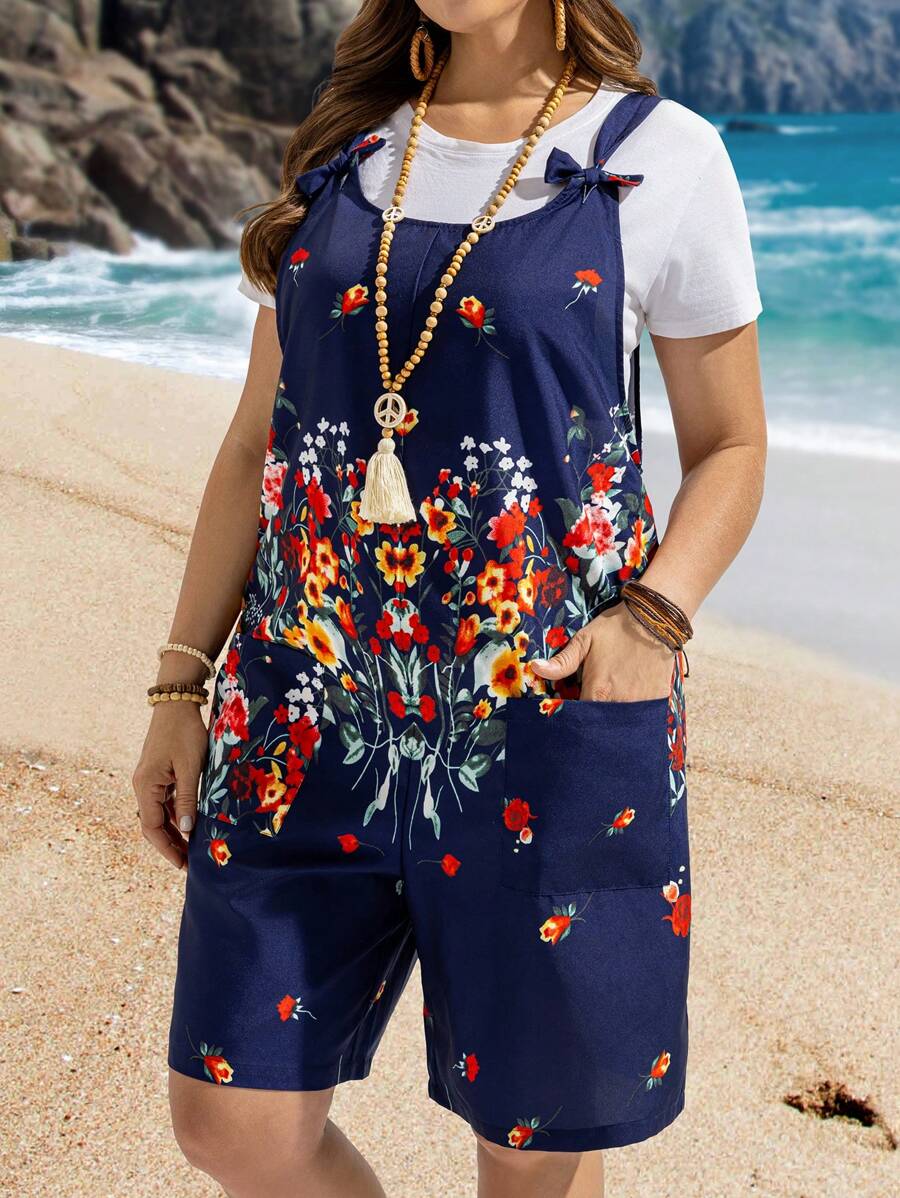 EMERY ROSE Plus Size Loose Strap Floral Print Pocket Casual Jumpsuit,Boho For Women,Summer ...
