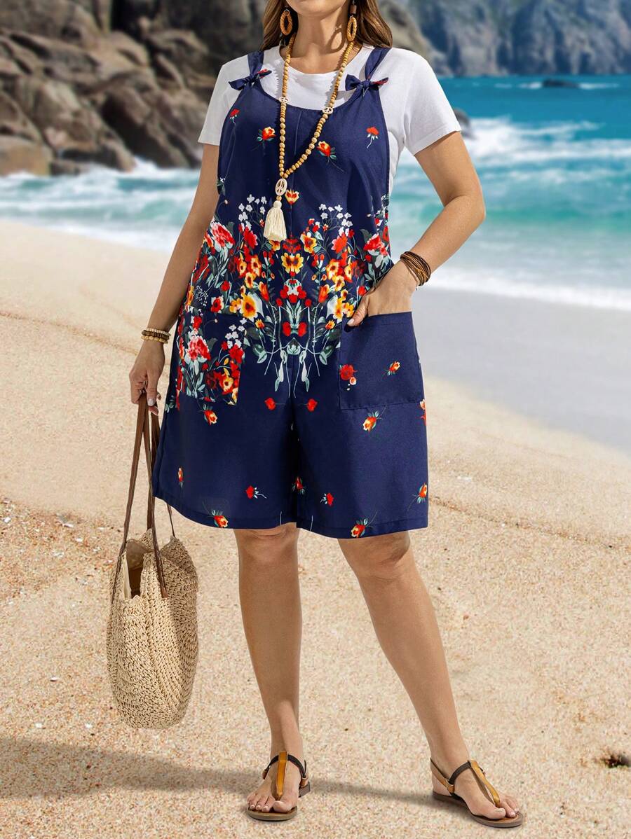 EMERY ROSE Plus Size Loose Strap Floral Print Pocket Casual Jumpsuit,Boho For Women,Summer ...