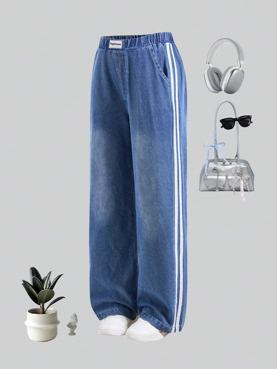 Vaqueros casuales de pierna ancha con estampado de letras y bolsillos ...