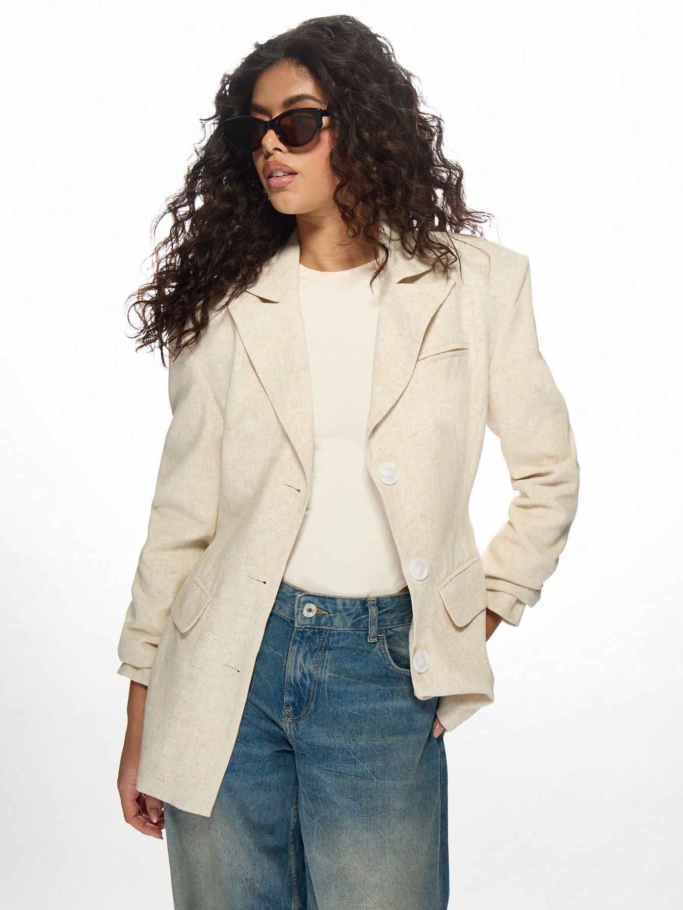 Linen Blend Tailored Single Breasted Structured Shoulders Blazer｜MISSGUIDED