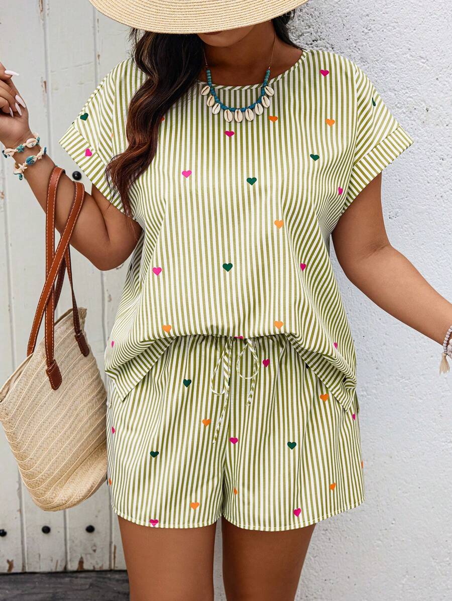 SHEIN Relaxiva Valentine Heart Print Plus Size 2 Pieces Set | SHEIN UK
