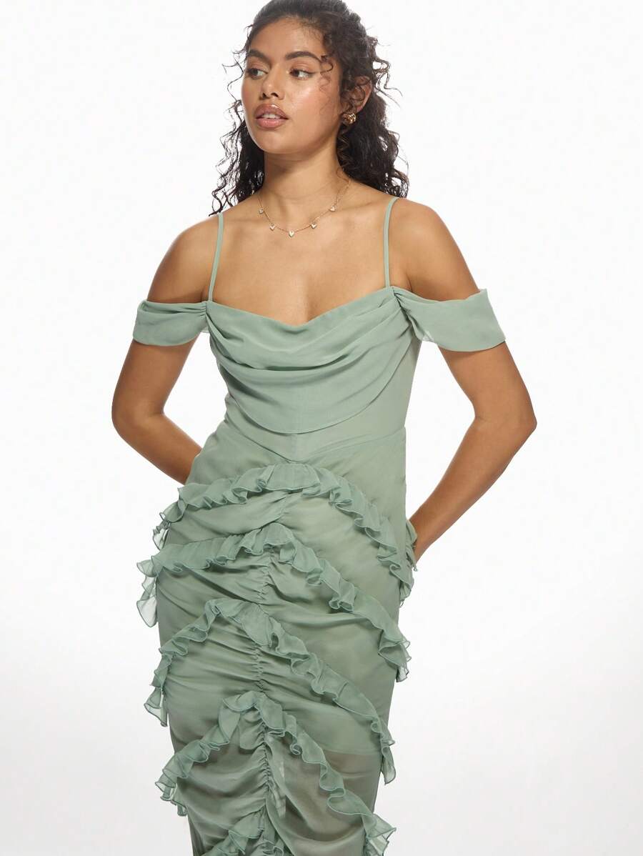MISSGUIDED Elegant Sage Ruched Midi Dress With Ruffles Off Shoulder ...