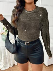 SHEIN Frenchy Plus Size Fashionable Commuter Shimmer Fitted Long Sleeve ...