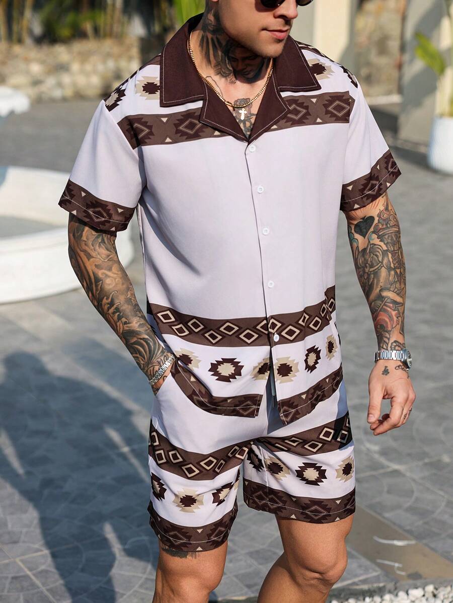 Manfinity RSRT ชุดเสื้อและกางเกงขาสั้น 2 ชิ้น/เซ็ต ผู้ชายมีกระดุม ...