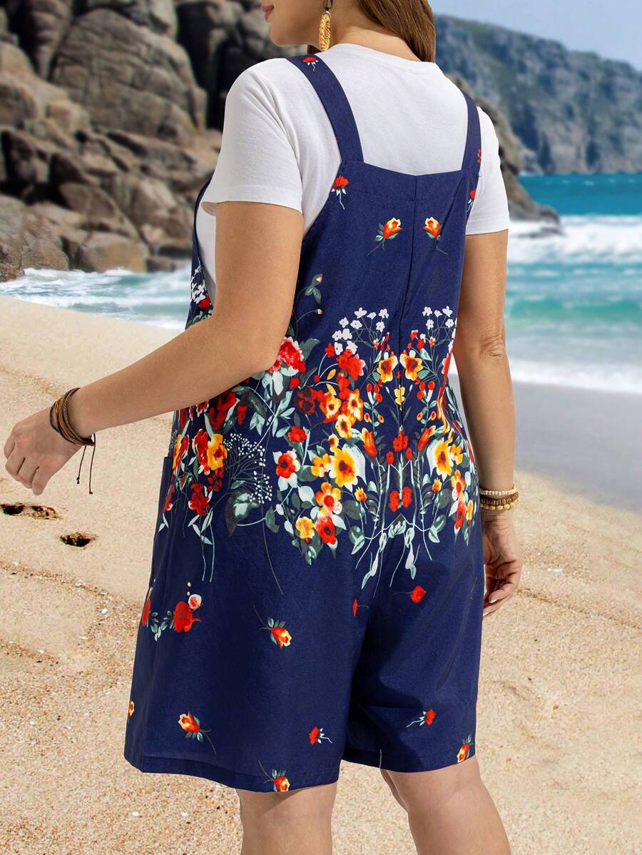 EMERY ROSE Plus Size Loose Strap Floral Print Pocket Casual Jumpsuit,Boho For Women,Summer ...