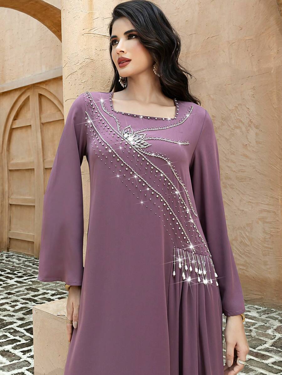 Al Najma Handmade Crystal Beaded Long Sleeve Maxi Dress With Uneven ...