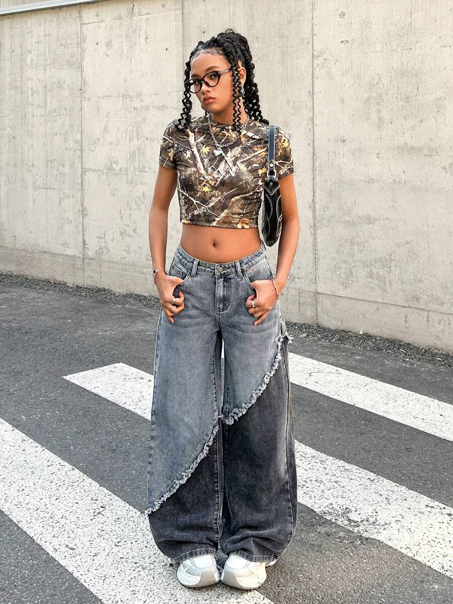 SHEIN Teen Girls Y2K Low Waist Color Block Vintage Washed Trim Detailed ...