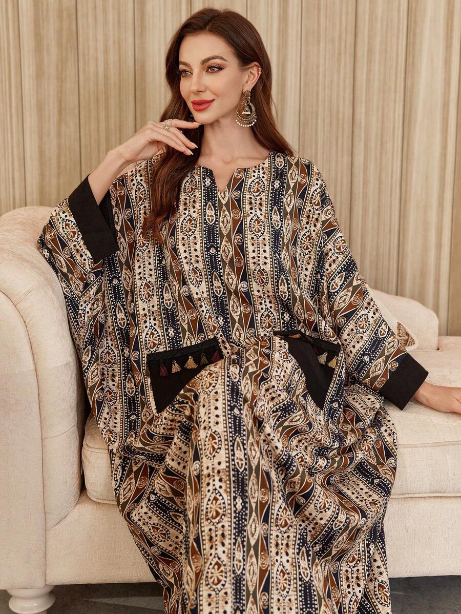 SHEIN Najma Retro Print Batwing Sleeve Turkish Caftan & Arabian ...