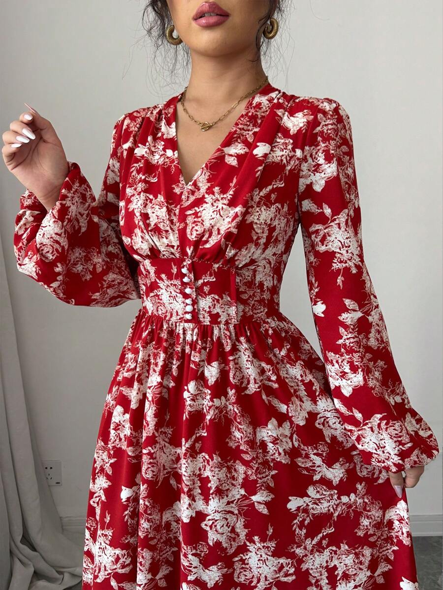 SHEIN Modely Vestido Longo Floral de Manga Lanterna para Mulheres, Conjunto de Roupas Femininas ...