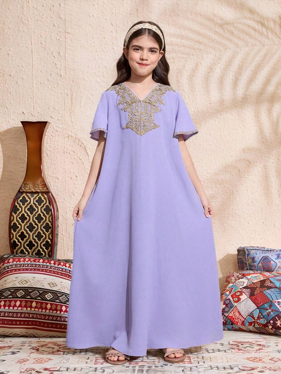 SHEIN Tween Girls' Solid Color V-Neck Ribbon Trim Short Sleeve Dress ...