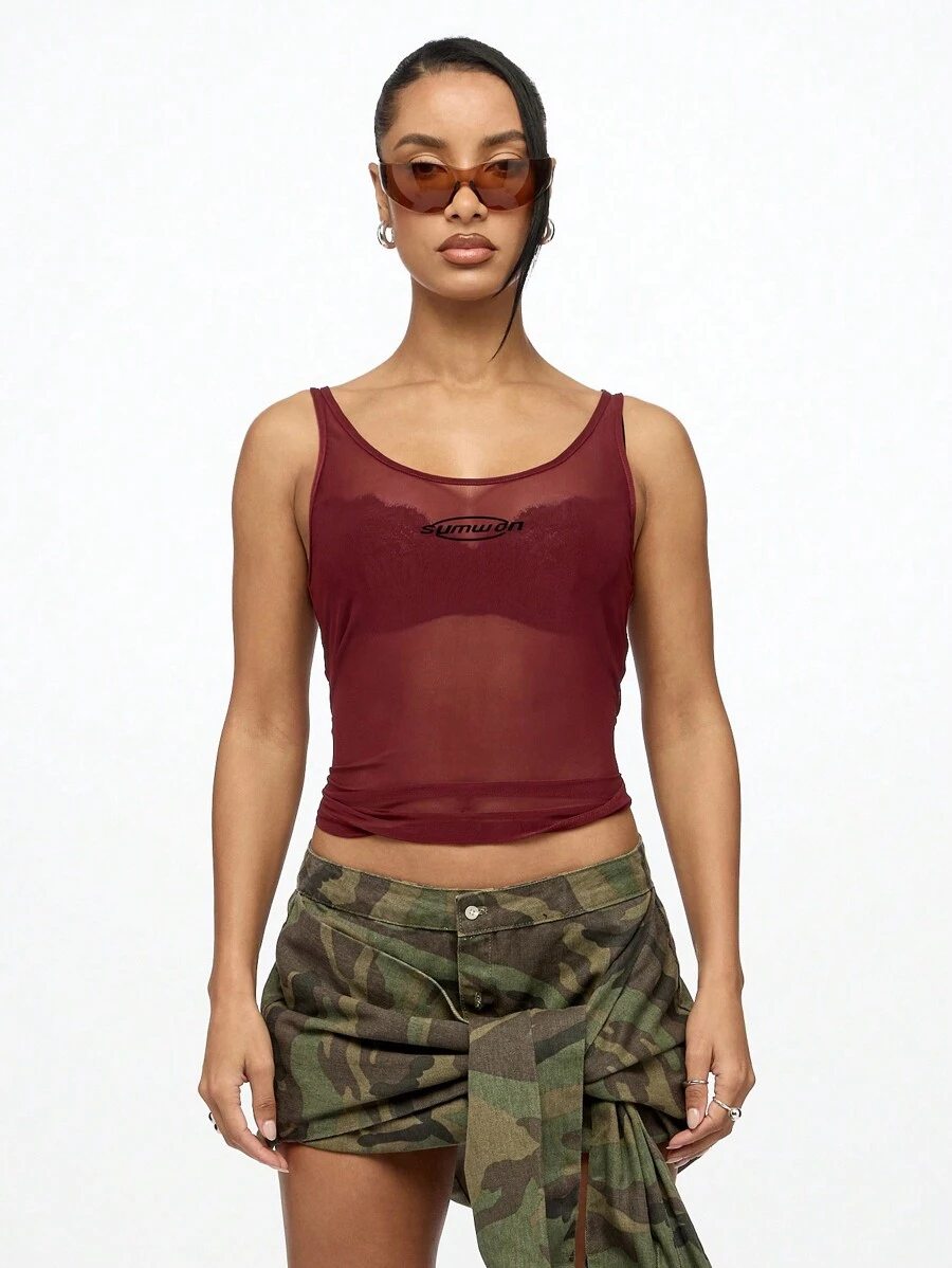 SUMWON WOMEN Retro Y2K Mesh Tank Top Sleeveless Summer Streetwear ...