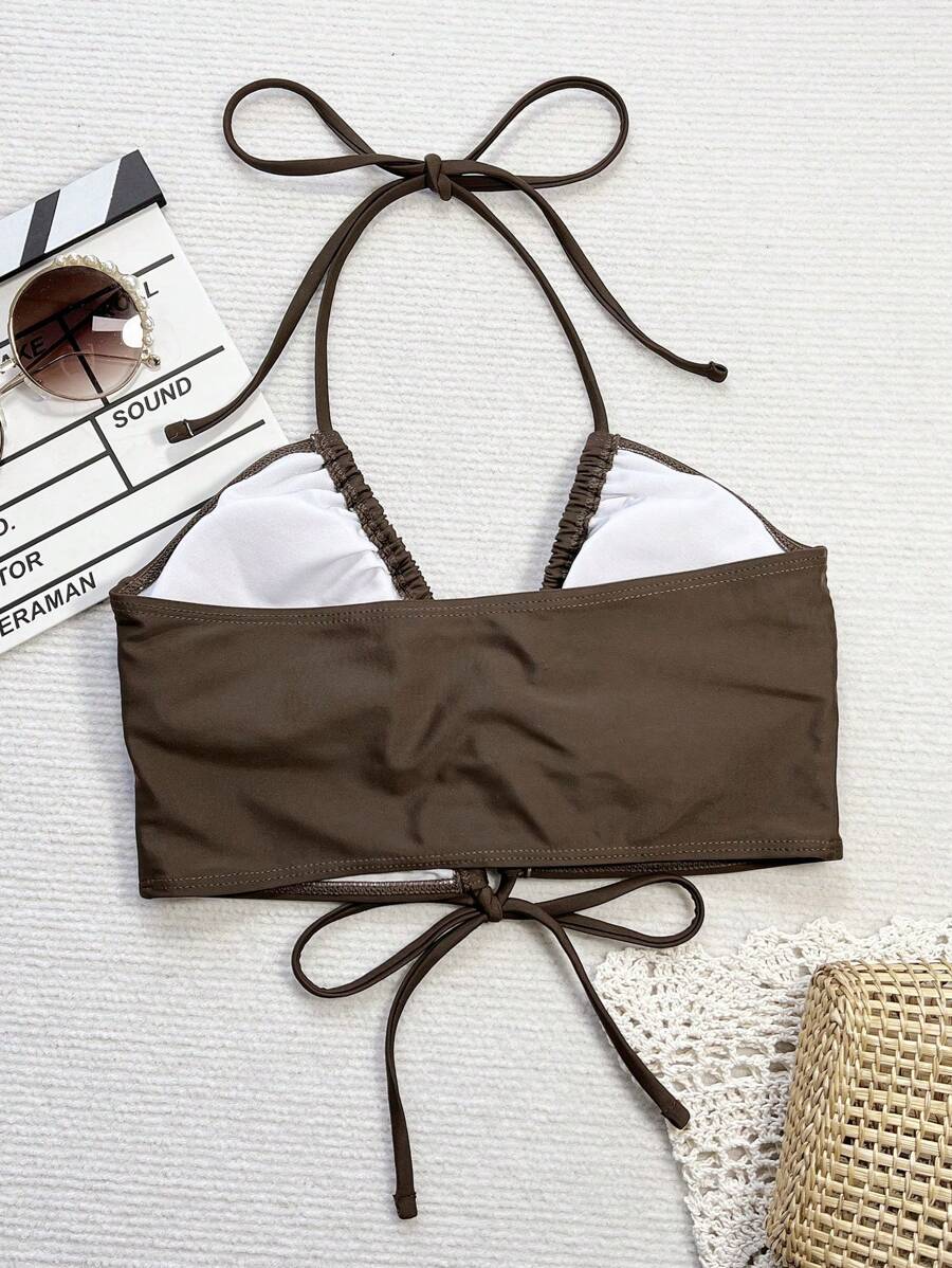 Shein Swim Springbreak 2025 Solid Color Shoulder Strap Beach Holiday Single Piece Swimsuit Top