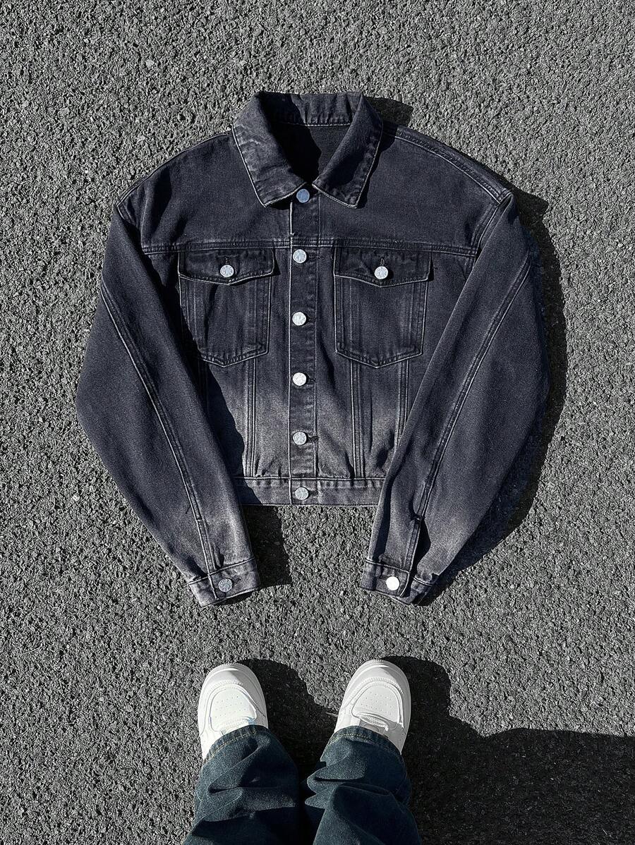 Manfinity EMRG Men's Black Denim Ombre Crop Street Style Boxy Jacket ...