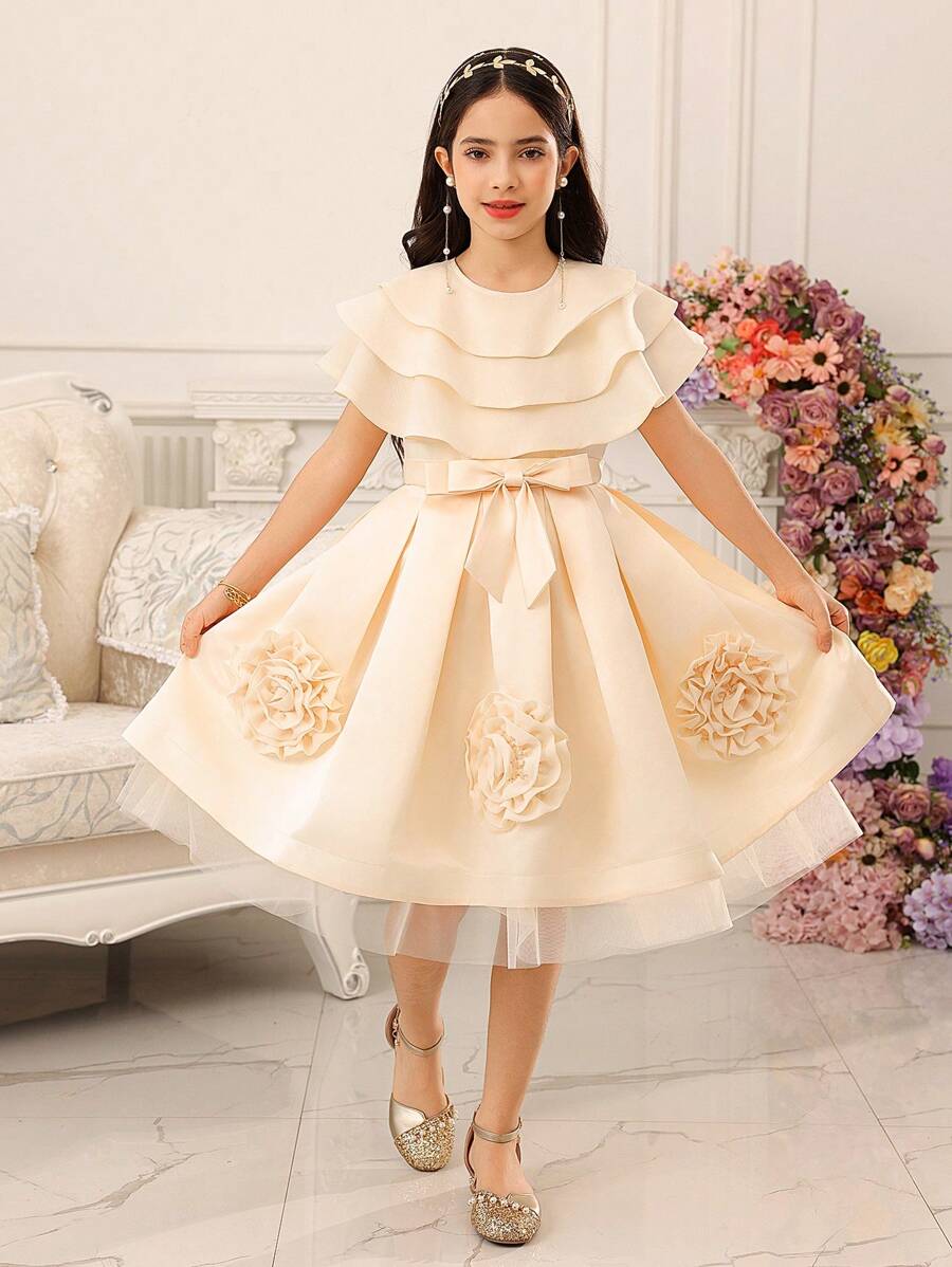 SHEIN Floral 3D Mesh Satin Dress For Tween Girls, Elegant Lady Suitable For Celebration, Ramadan ...