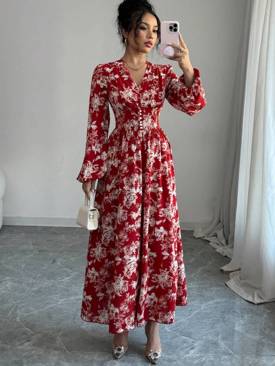 Modelyn Women's Floral Printed Lantern Sleeve Dress Maxi Women Outfit ...