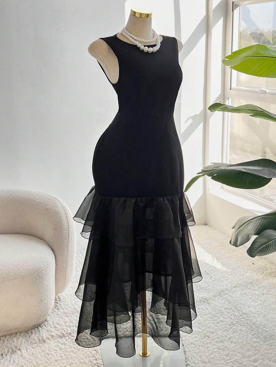 Ceyna Plus Size Chiffon Sexy Round Neck Sleeveless Ruffle Hem Fish Tail Dress | SHEIN USA