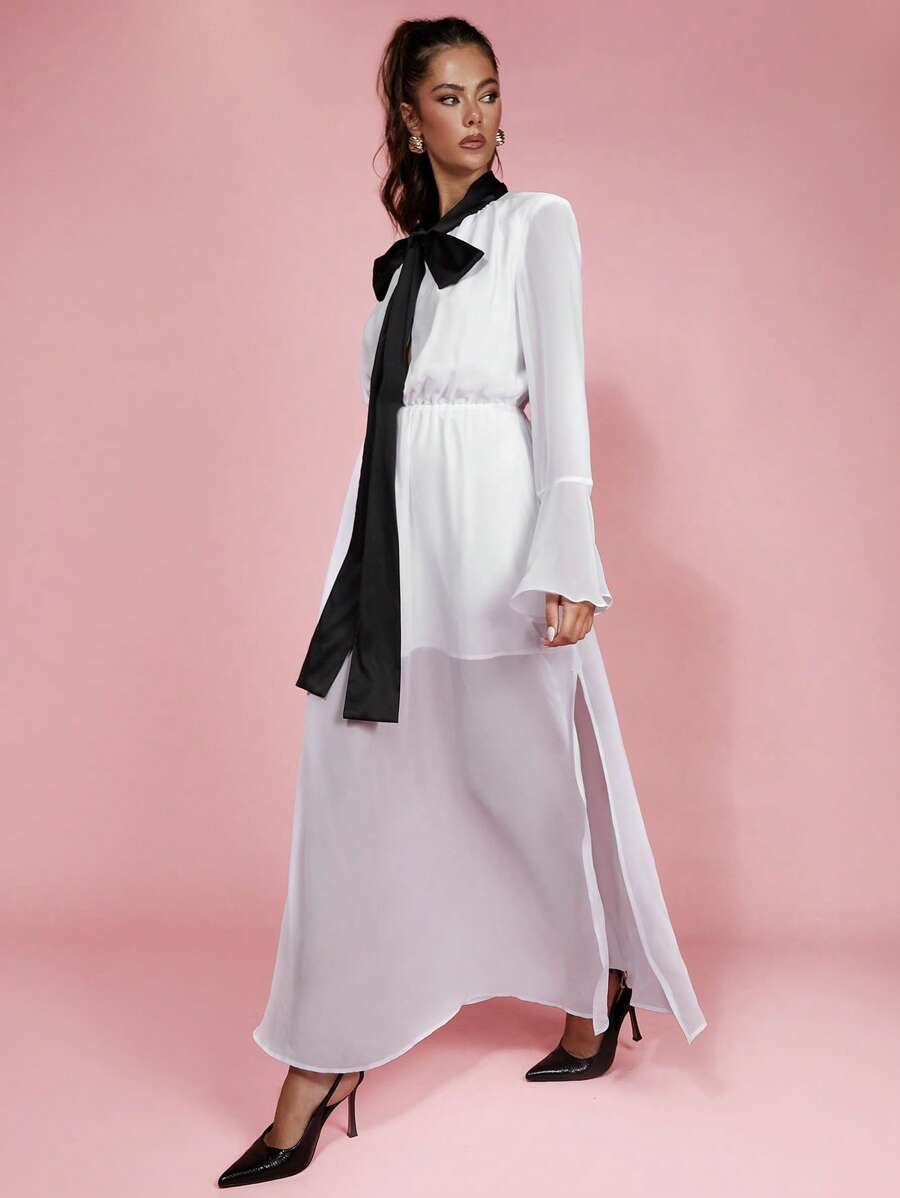 COSMINA Vestido elegante negro y blanco fruncido para mujer, primavera ...