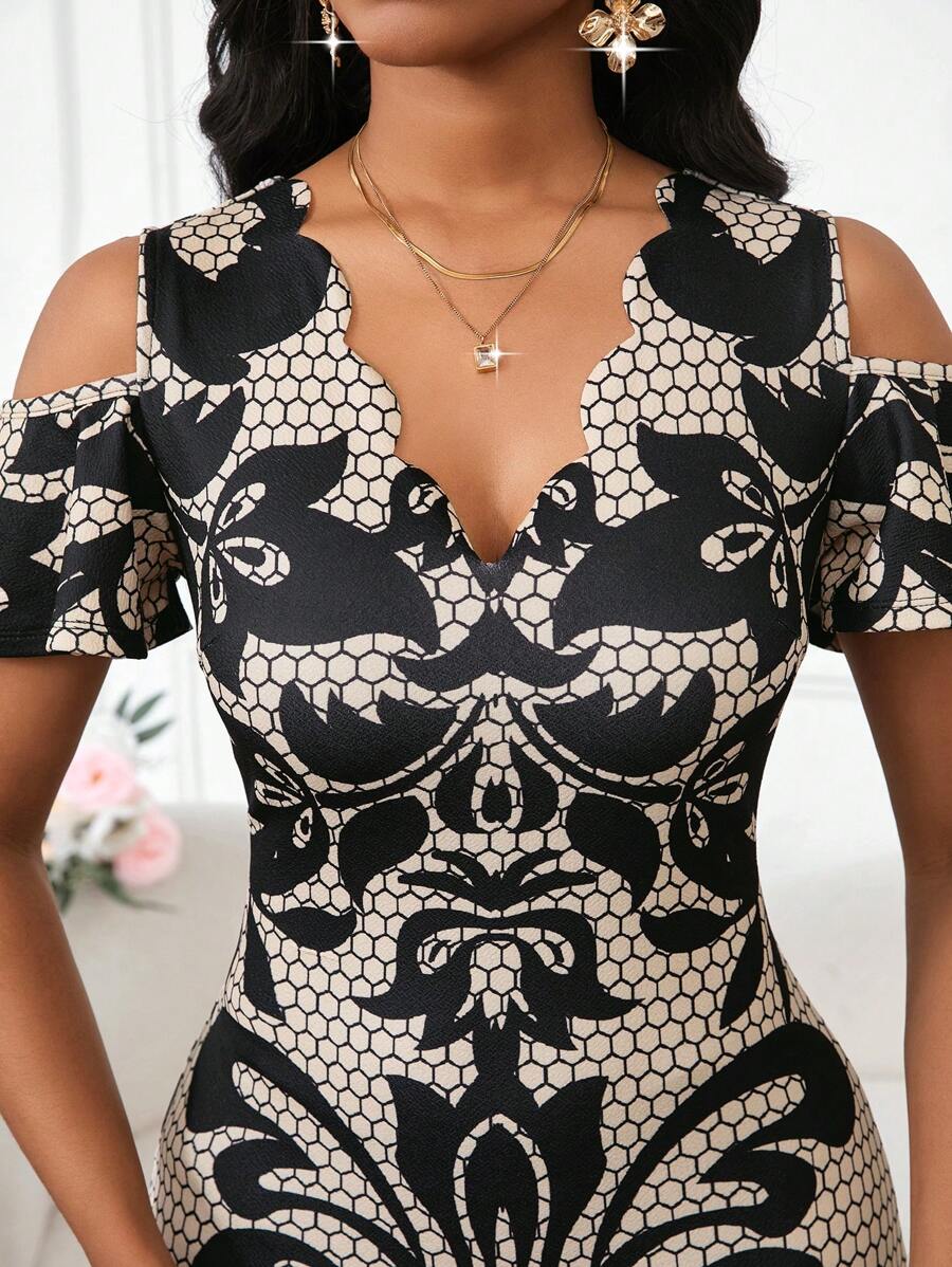 SHEIN Lady Women's Floral Print Open Shoulder Fitted Midi Dress ...