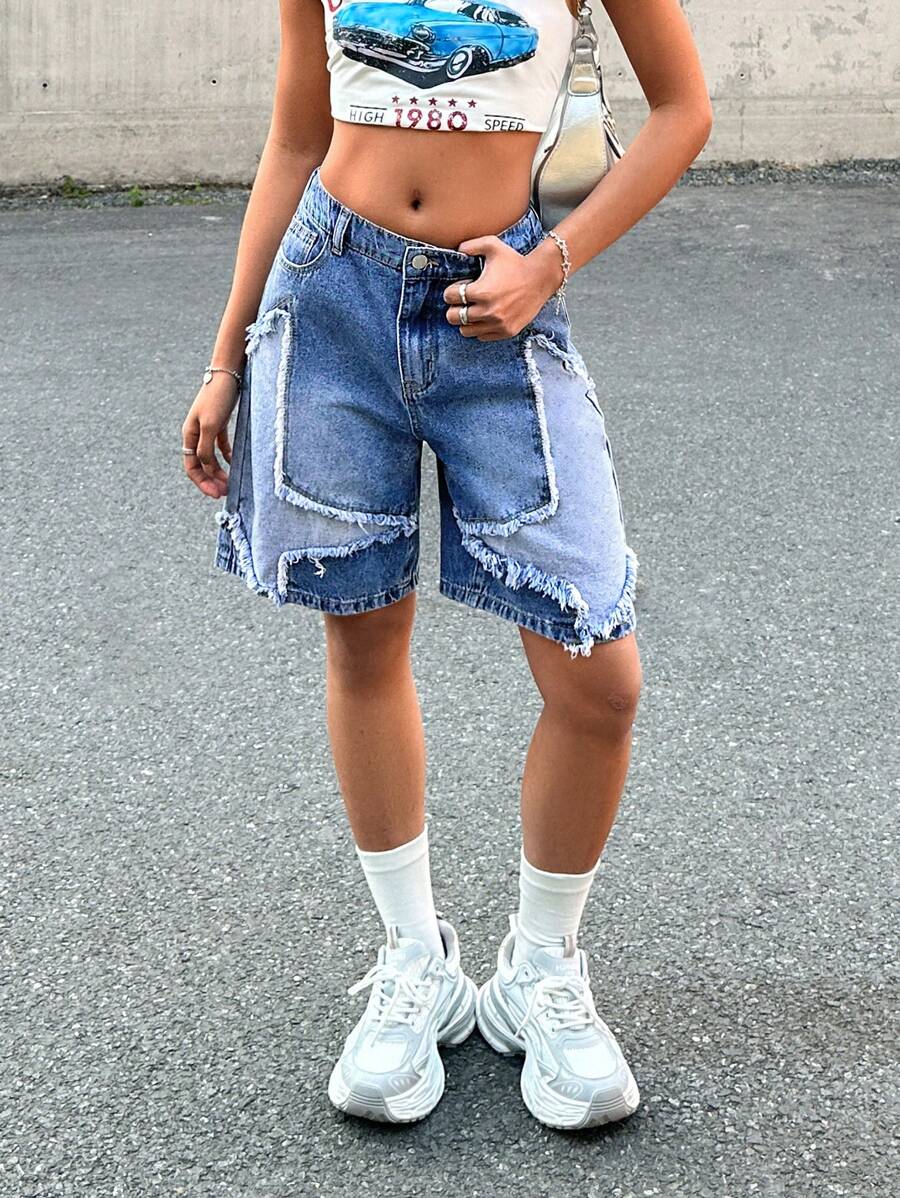 SHEIN Y2K Street Life Teen Girl's Frayed Hem Baggy Denim Shorts With Star-Shaped Patches | SHEIN EUR