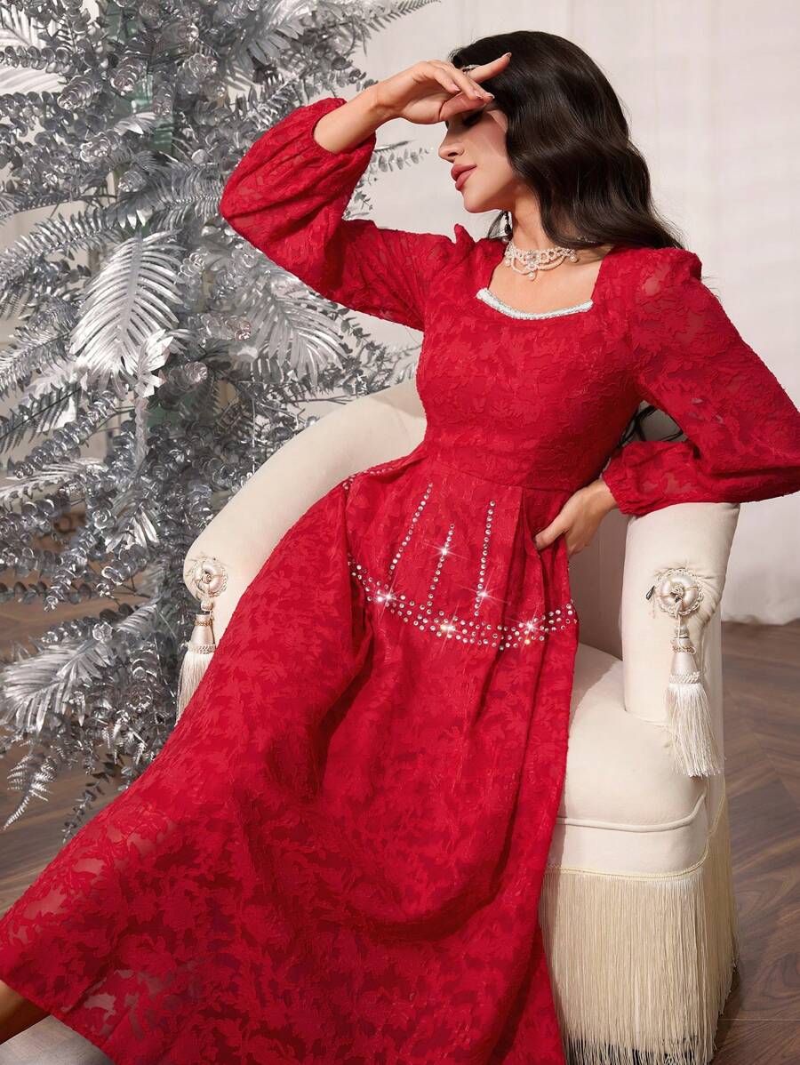 Modelyn Women's Elegant Woven Jacquard Fabric Square Neck Collar Splice Silver Ribbon Front ...