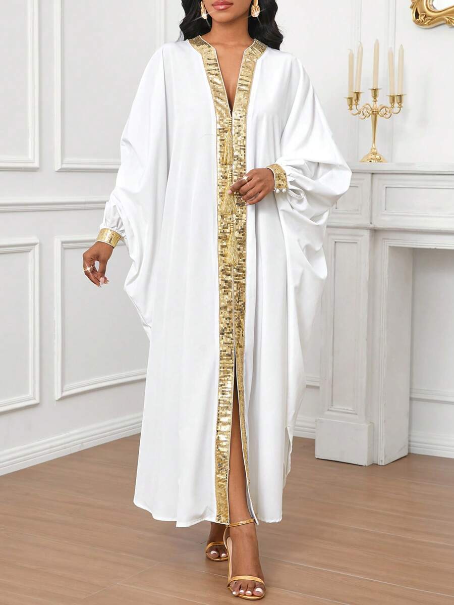 SHEIN Lady Women's Burqa Dress Gold Sequined Dolman Sleeve Dress Loose ...