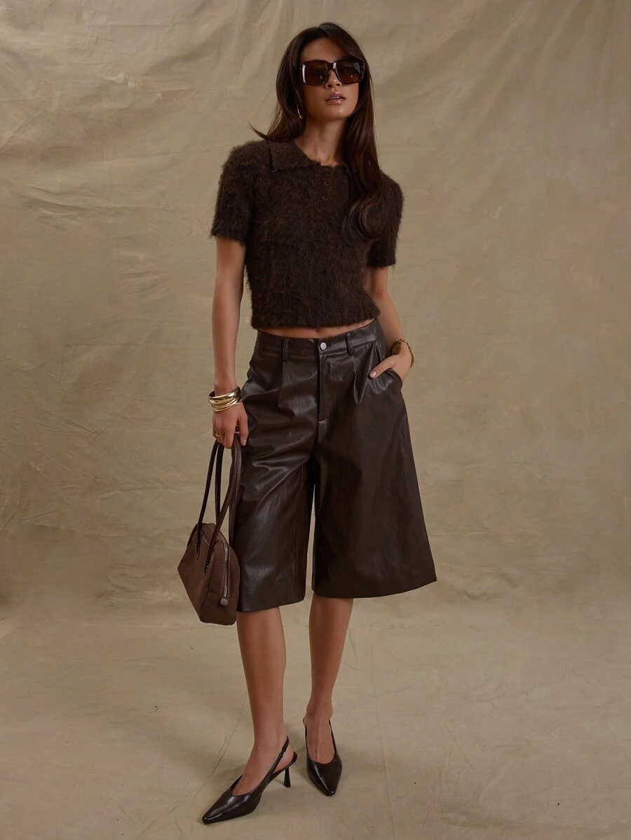 MUSERA Mid Rise Tailored Longline Wide Leg Pocketed Faux Leather Below ...