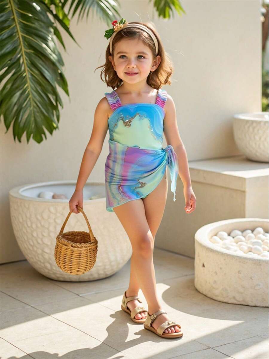 SHEIN Kleine Mädchen Ein-Teiler Badeanzug mit Marmormuster und Beach ...