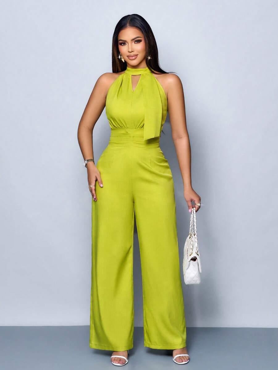 SOLERSUN Women Solid Color Ruched Sleeveless Wide Leg Elegant Jumpsuit ...