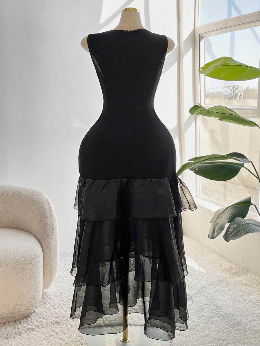 Ceyna Plus Size Chiffon Sexy Round Neck Sleeveless Ruffle Hem Fish Tail Dress | SHEIN USA