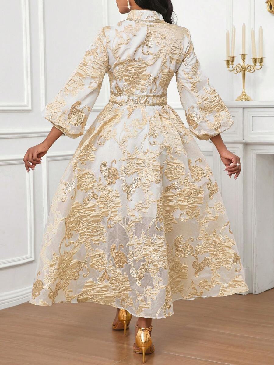 SHEIN Lady Ladies' Floral Jacquard Long Lantern Sleeve Modest Dress Elegant Party Wedding Guests ...