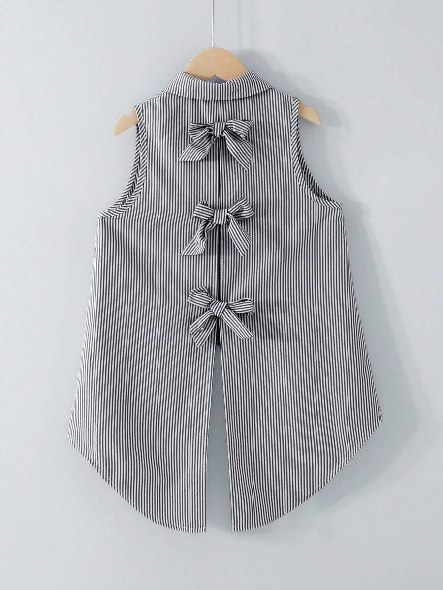 SHEIN Tween Girl Elegant Woven Striped Backless Bow Detail Sleeveless ...