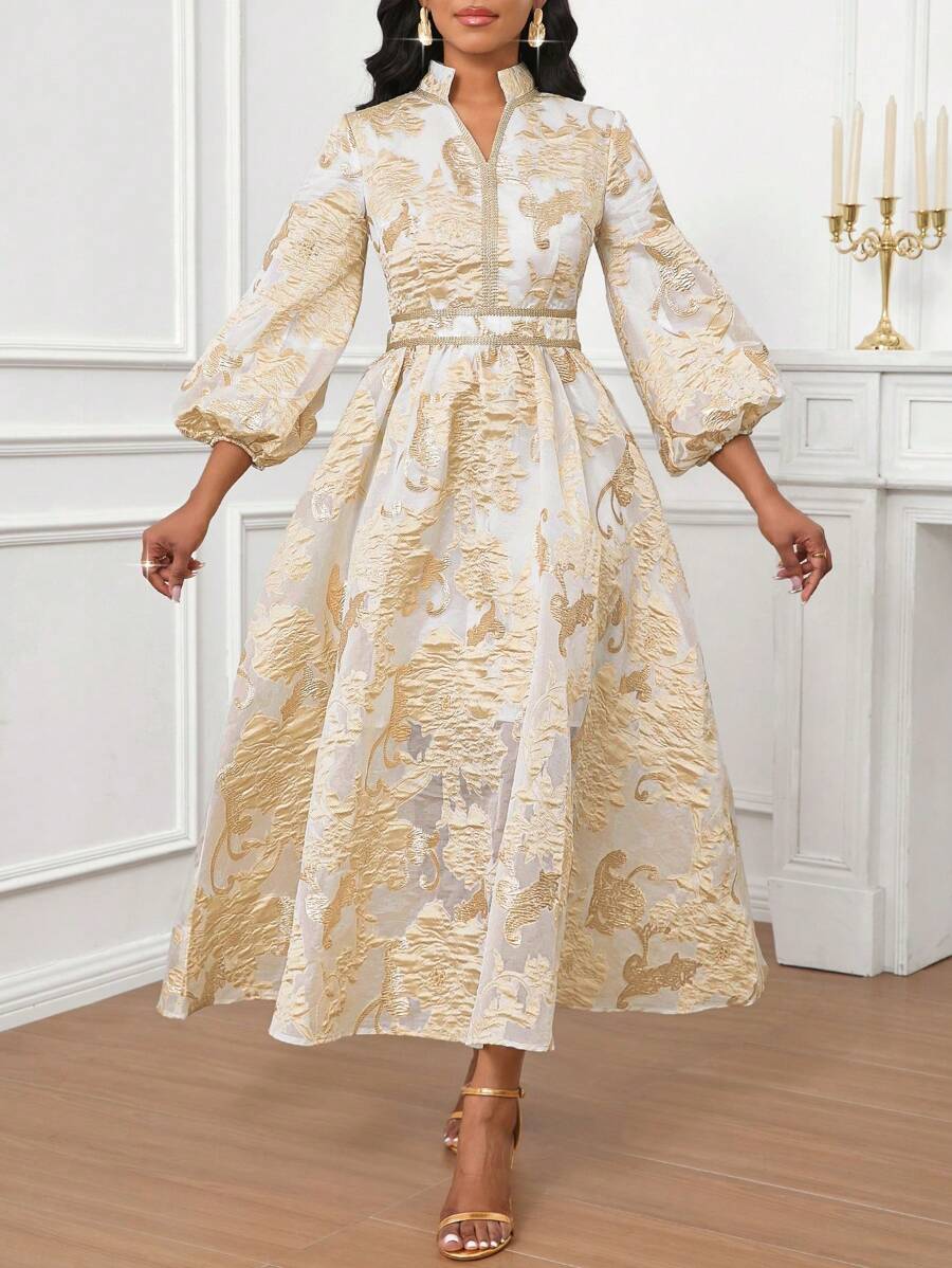 SHEIN Lady Ladies' Floral Jacquard Long Lantern Sleeve Modest Dress ...