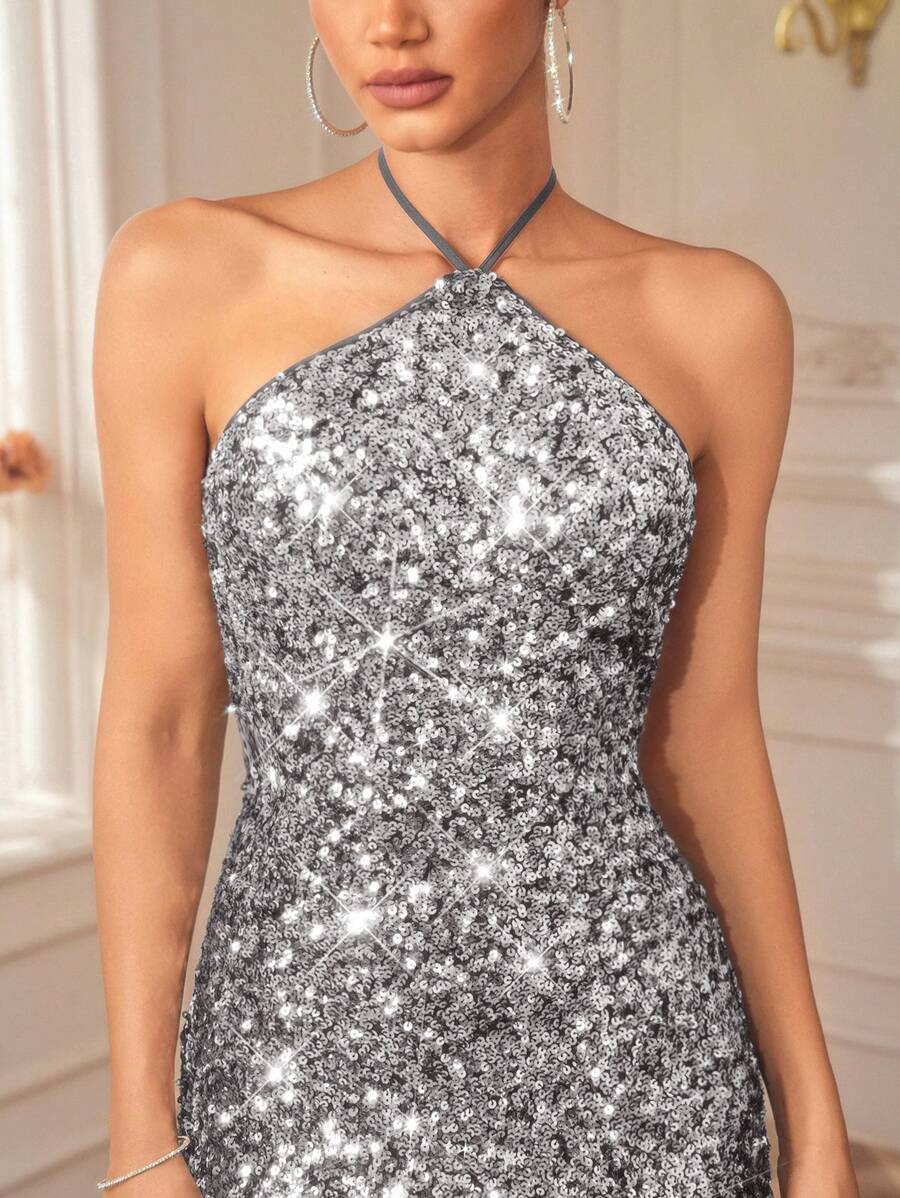 CHRISTIAN SPINELLI Designer Women's Black Sexy Sequined Backless Halter ...