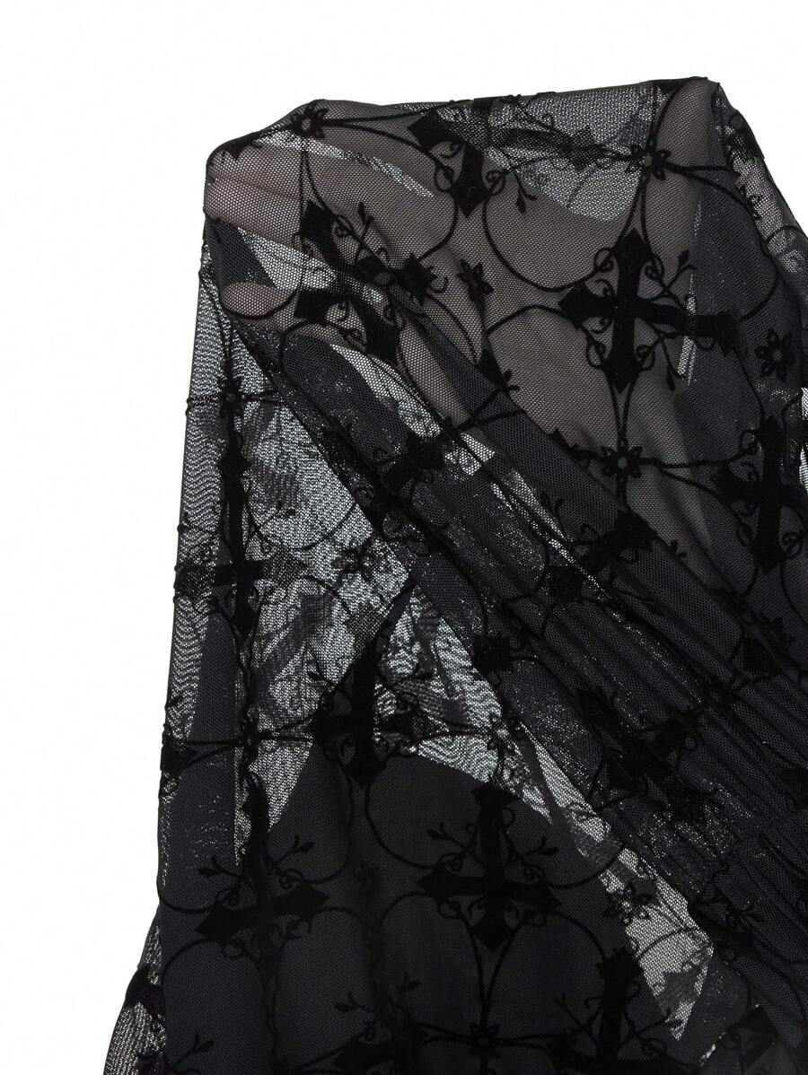 ROMWE Goth Cubre-traje de mujer estilo gótico de malla transparente con sobreposición de cruz ...