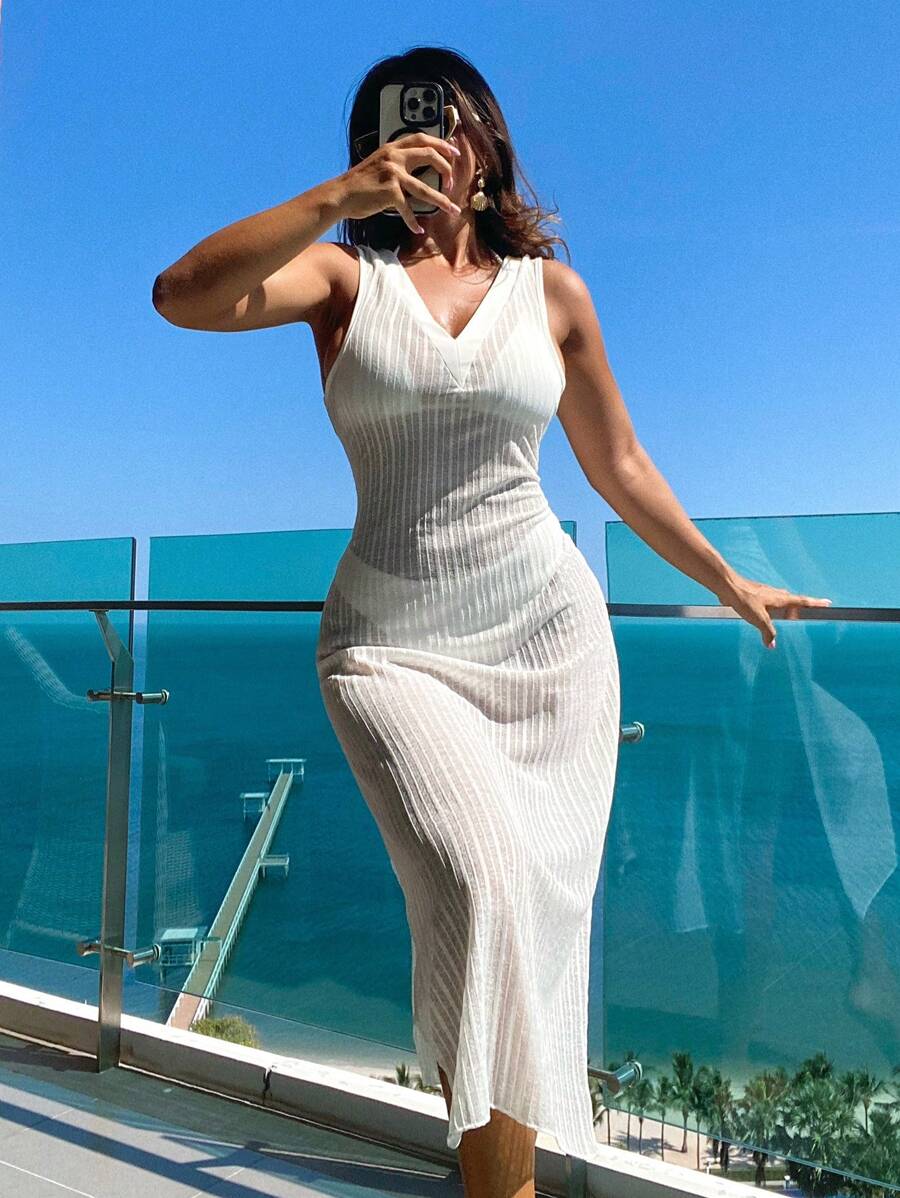 SHEIN Swim Springbreak Damen Strukturiertes, transparentes V-Ausschnitt ...