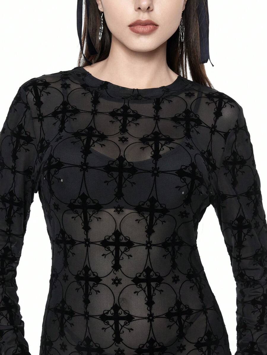 ROMWE Goth Women's Gothic Sheer Mesh Cross Overlay Cover Up, For Summer Beach Vacation | SHEIN EUR