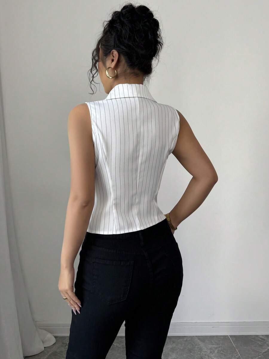 Elenzga Women's Elegant French Chic Commute Casual Holiday V-Neck Sleeveless Striped Blouse With ...