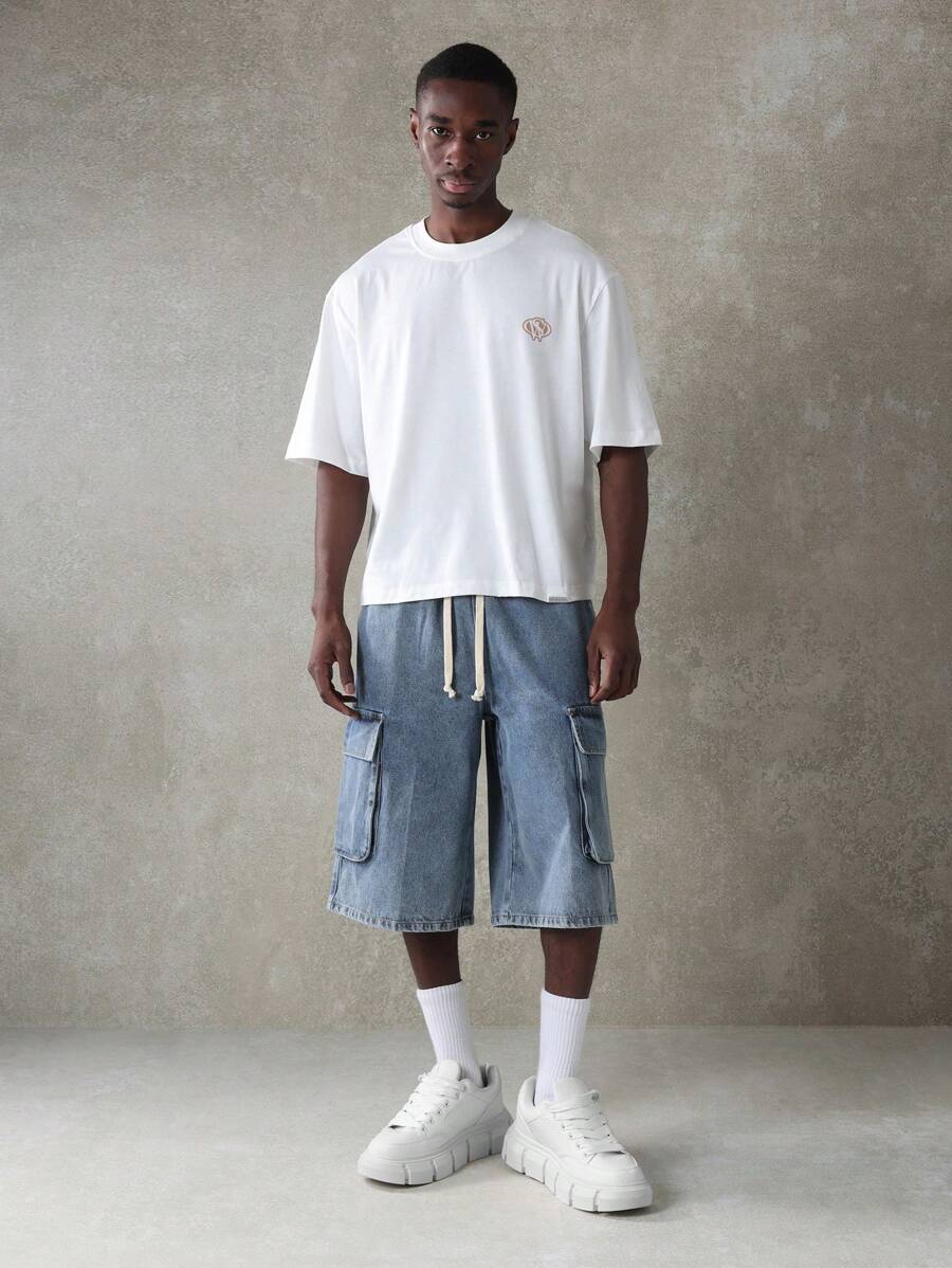 SUMWON Pull On Mid Washed Cargo Denim Jorts | SHEIN EUR