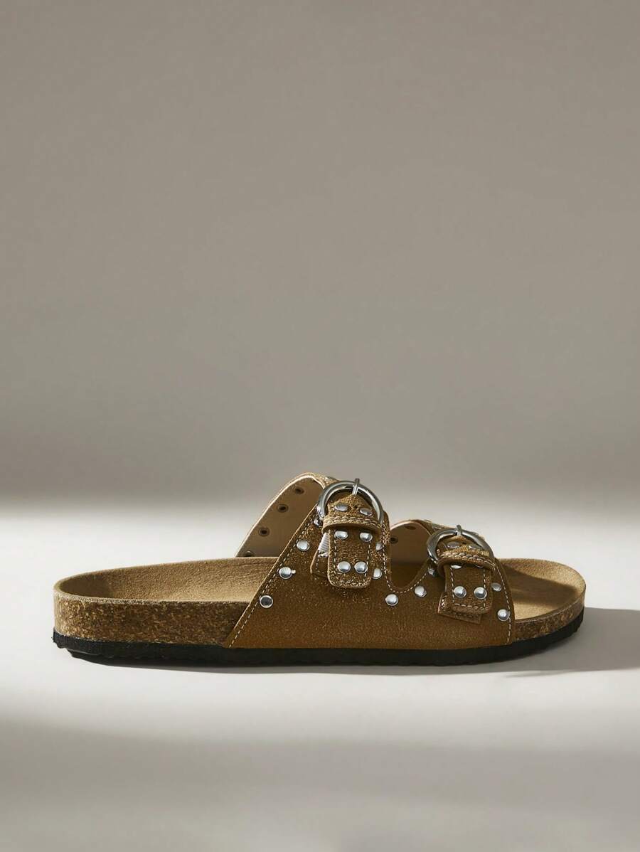 Solecia Sandalias planas con hebilla y remaches decorativos, estilo ...