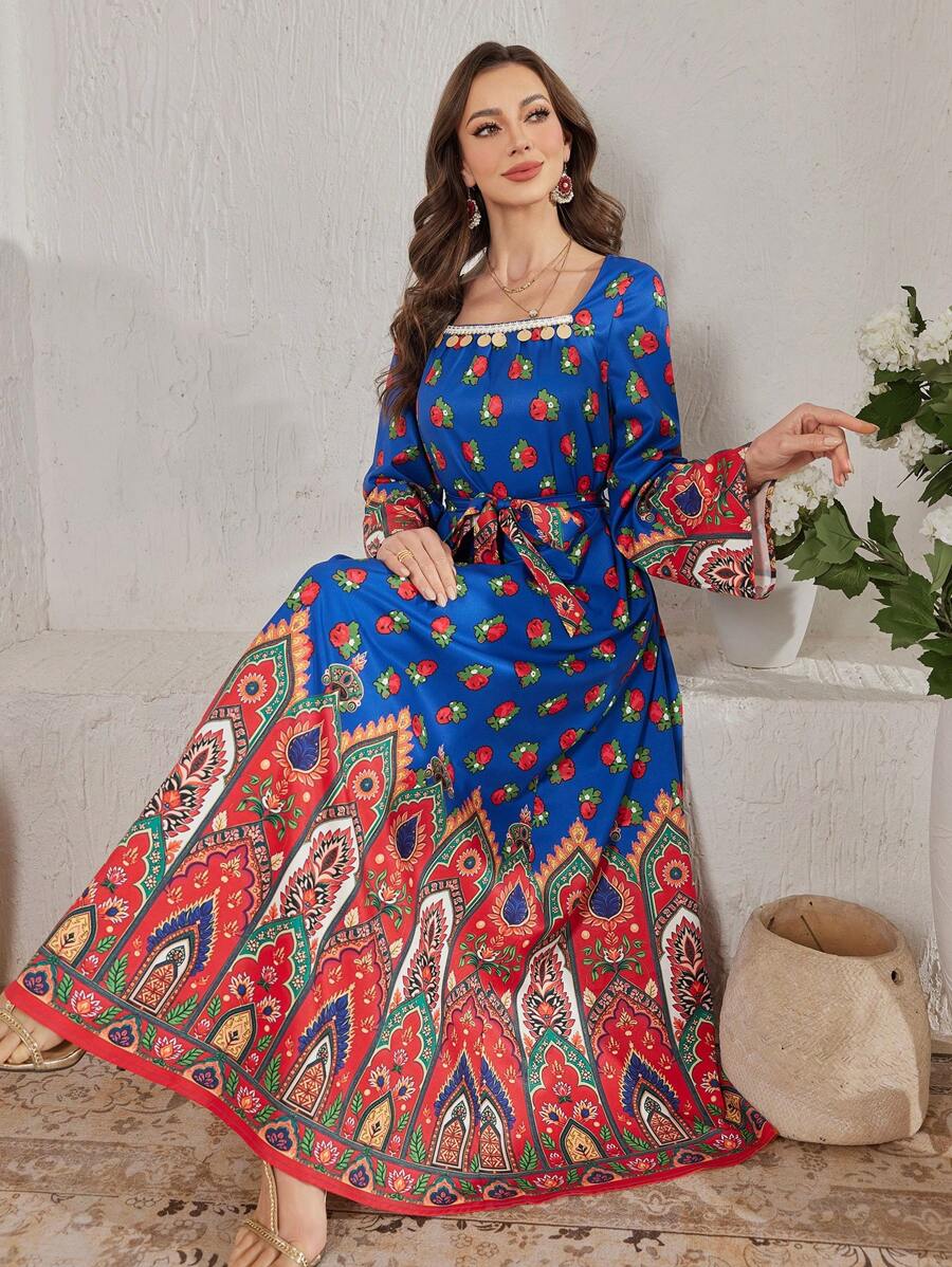 SHEIN Najma Women's Traditional Shalky Floral Printed Loose Square Neck ...