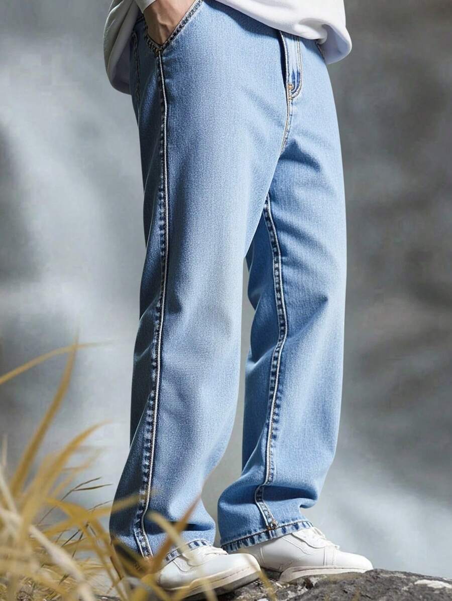 SHEIN Teenage Boys' Loose Tapered Blue Denim Jeans | SHEIN UK