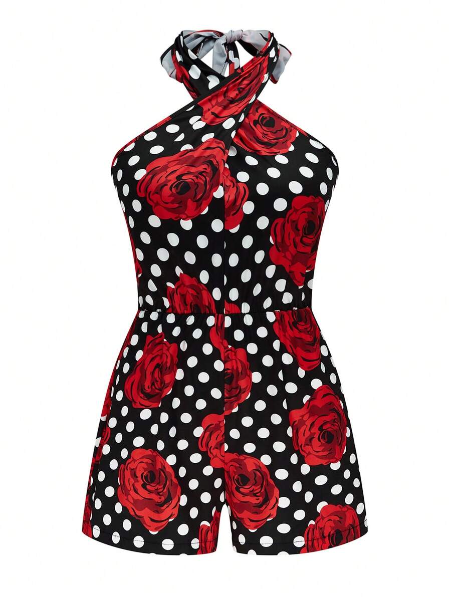 SHEIN Clasi Macacão Estampado com Bolinhas e Flores Rosas de um Piece ...