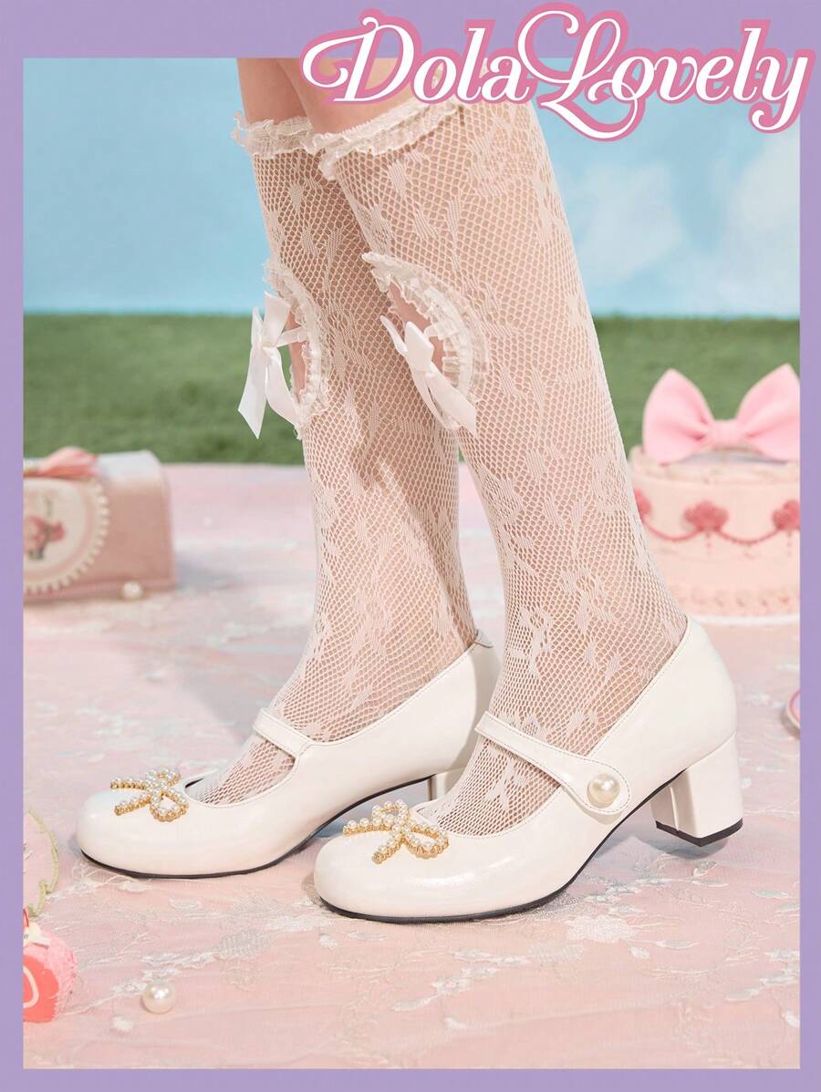 Dola Lovely Women Lolita Platform Mary Jane Shoes With Pearl & Bow Accent, White Round Toe Heavy ...