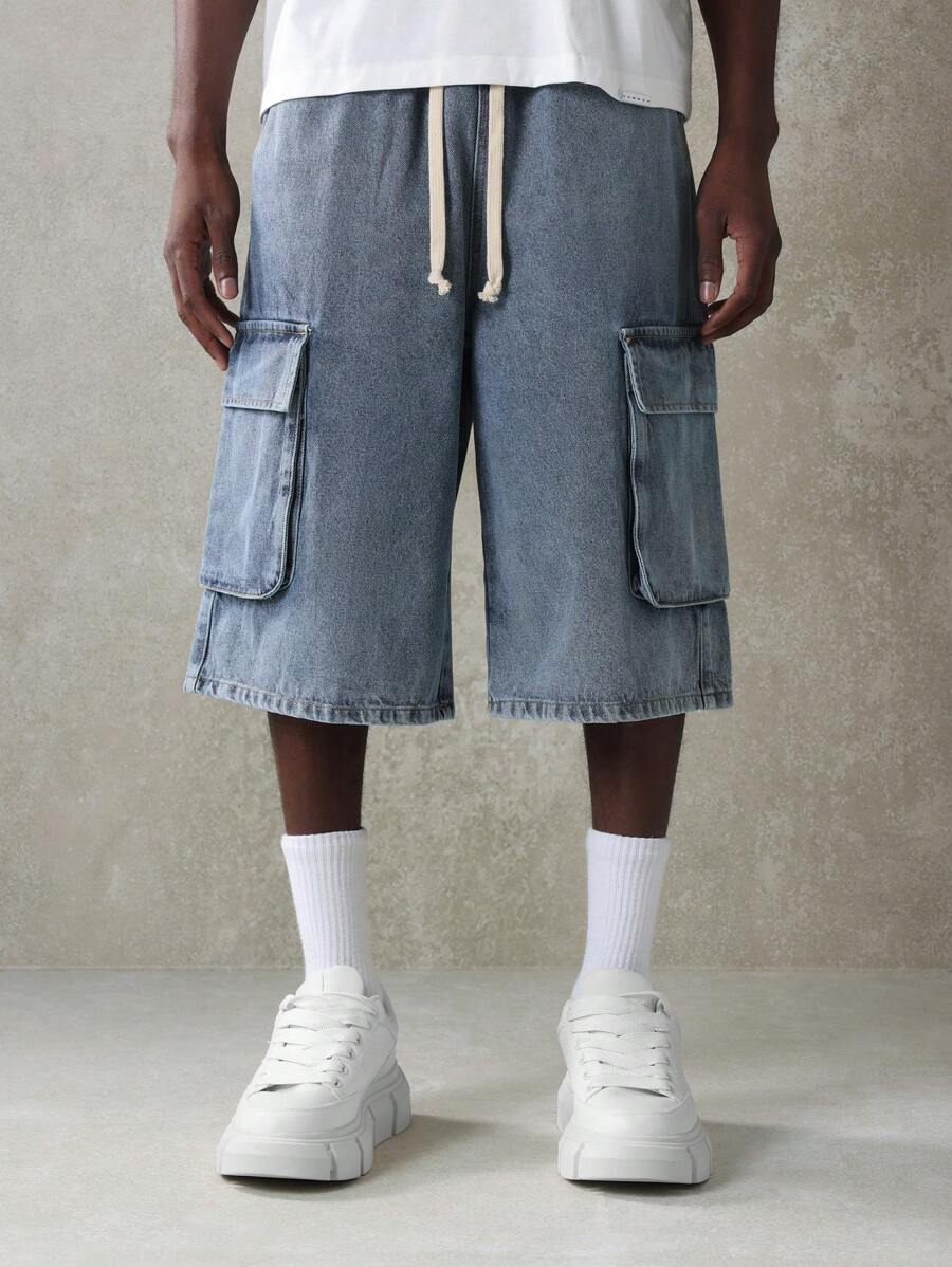 SUMWON Pull On Mid Washed Cargo Denim Jorts | SHEIN EUR