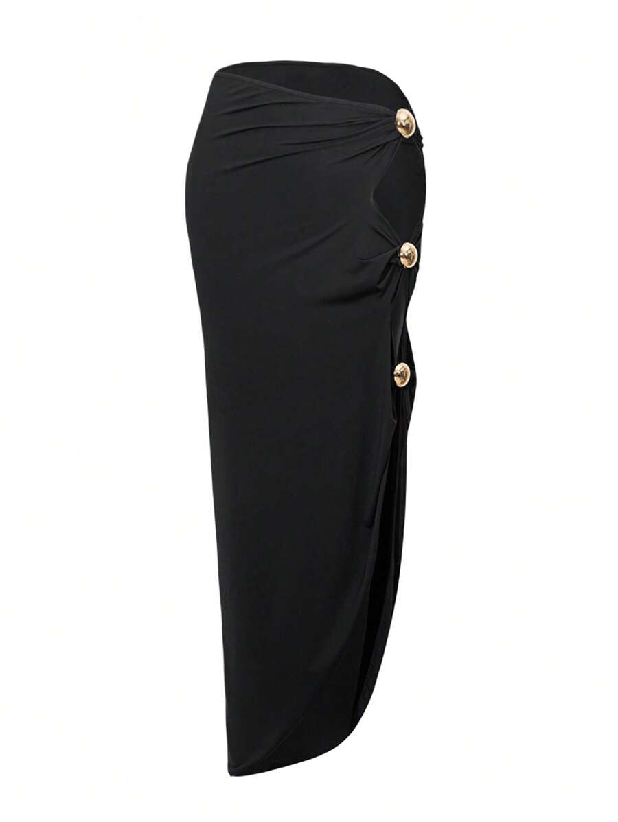SHEIN Swim Women Regular Black Long Cover Up Skirt, Suitable For ...