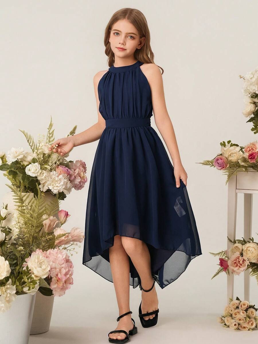 Tween Girls' Round Neck Halter Chiffon Micro-Pleated Waisted Dress ...